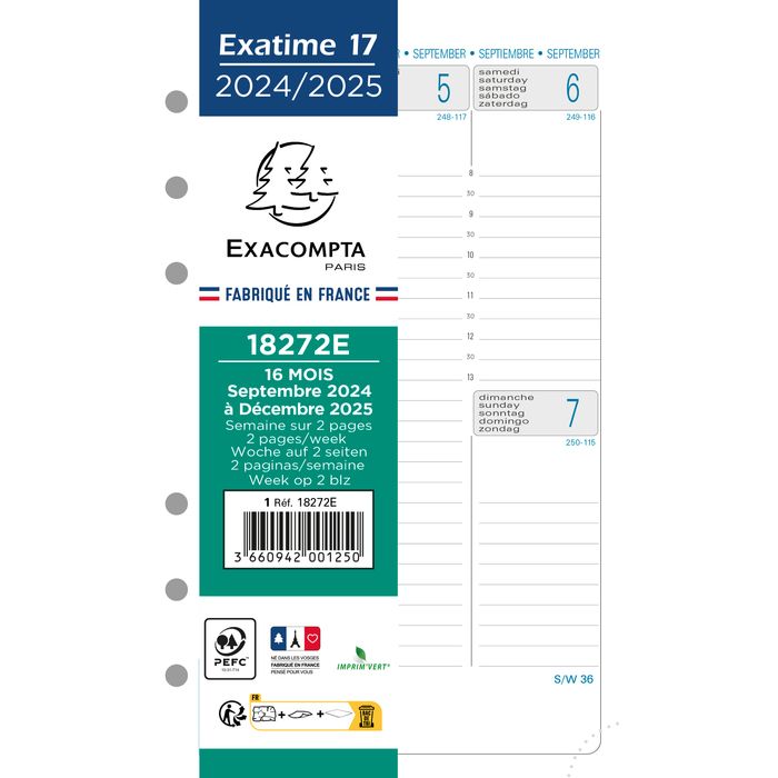 Exacompta Exatime 17 - Recharge pour organiseur - 1 semaine sur 2 pages ...