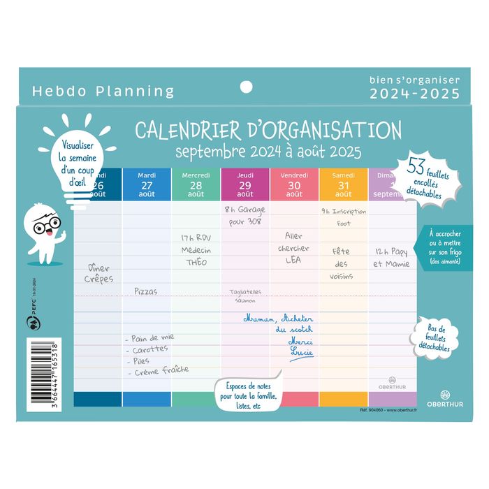 Calendrier d'organisation Hebdo Planning - 18 x 23 cm - 52 feuillets ...