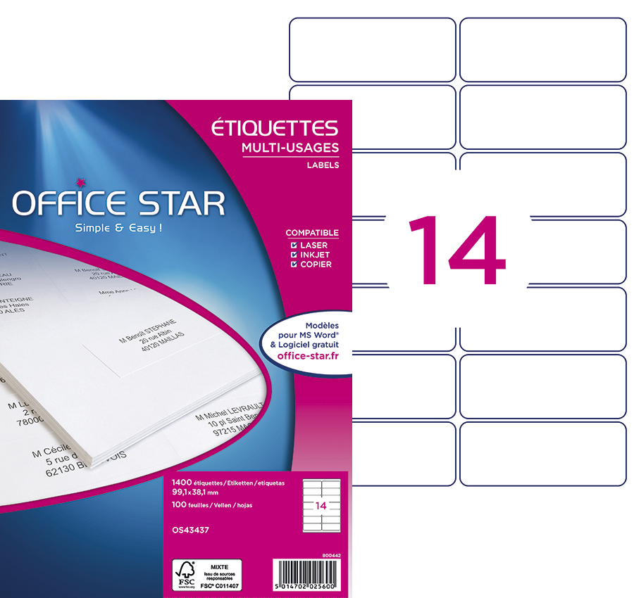 Office Star - 1400 Étiquettes multi-usages blanches - 99,1 x 38,1 mm ...