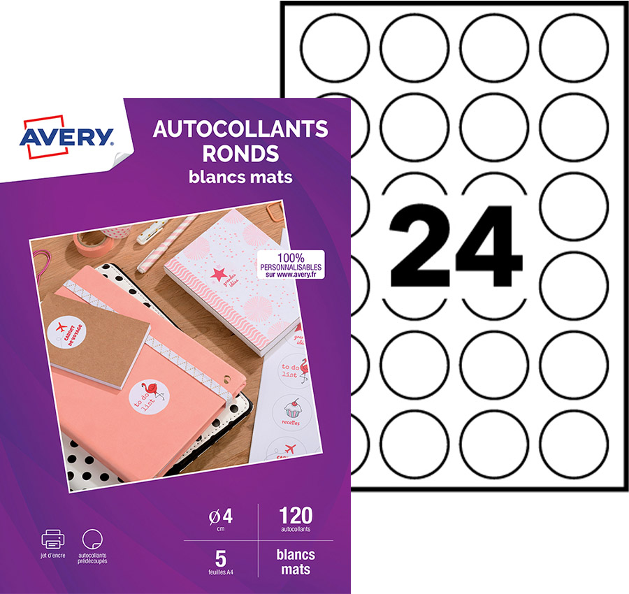 Avery - 120 Étiquettes adhésives rondes blanc mat - diamètre 40 mm ...