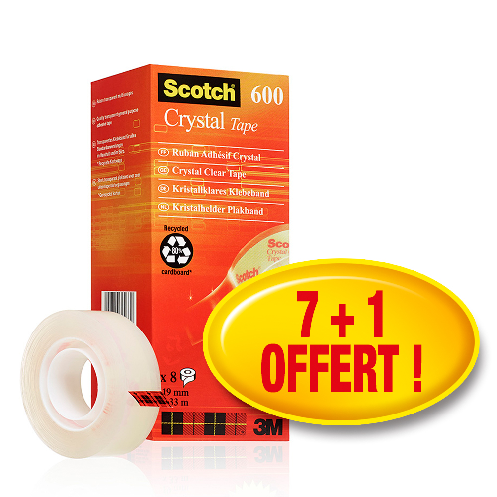Goedkoop Scotch Crystal 600 - Kantoortape (8 rollen) - 19 mm x 0.33 m - transparant | Bureau Vallée