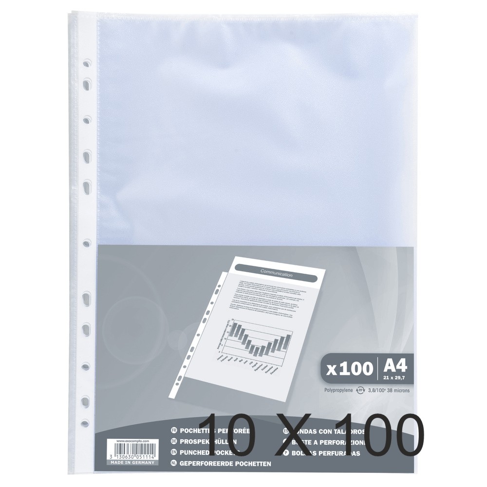 Exacompta - 10 Packs de 100 Pochettes perforées - A4 - grainées - 4/100 ...