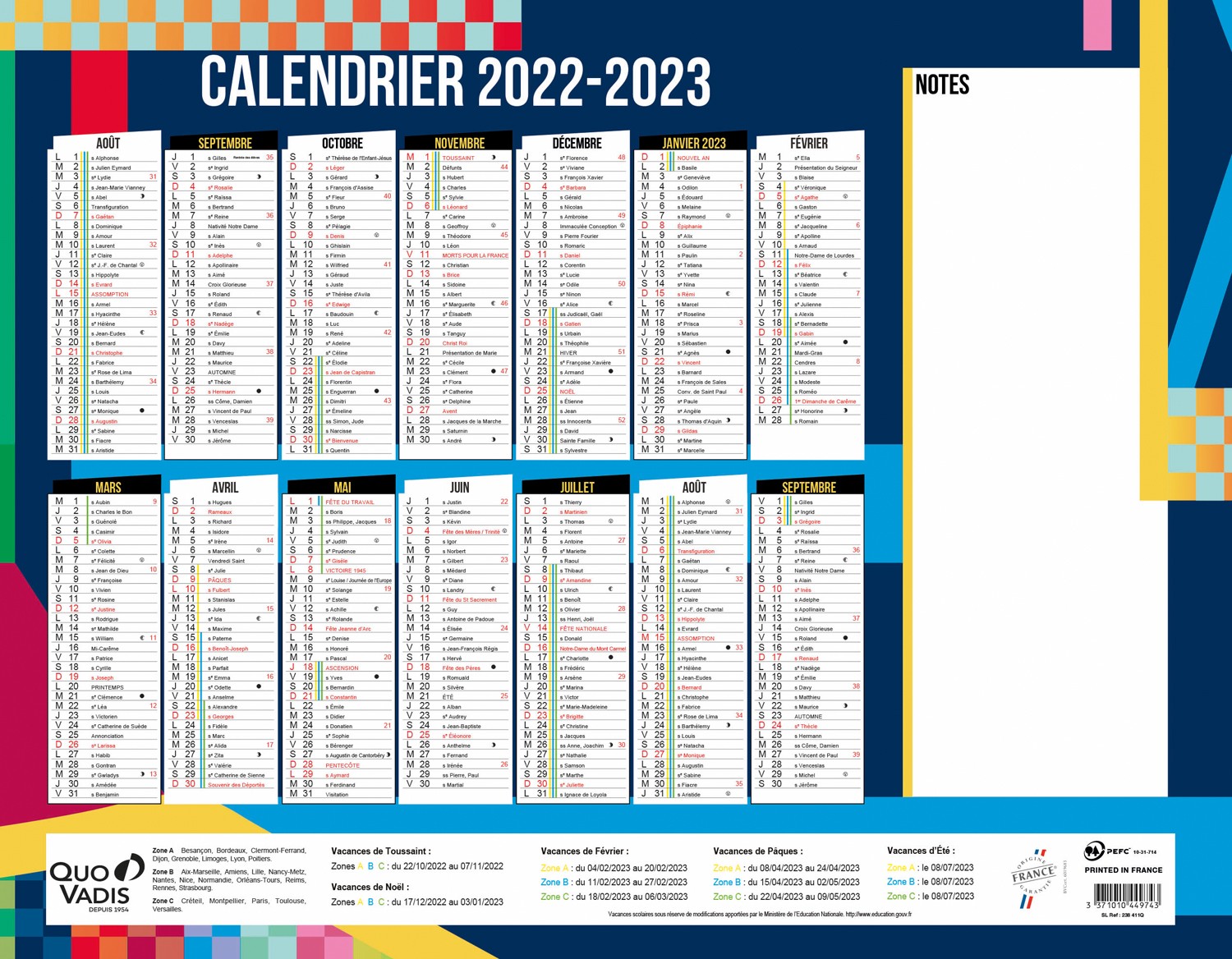 Calendrier annuel / Emploi du temps Fantaisie - 1 face 12 mois / 1 face ...